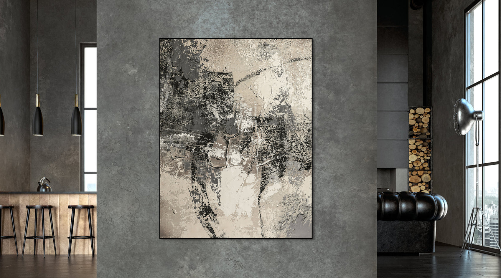Grayscale Abstract Oil Painting - Modern Home Decor Art